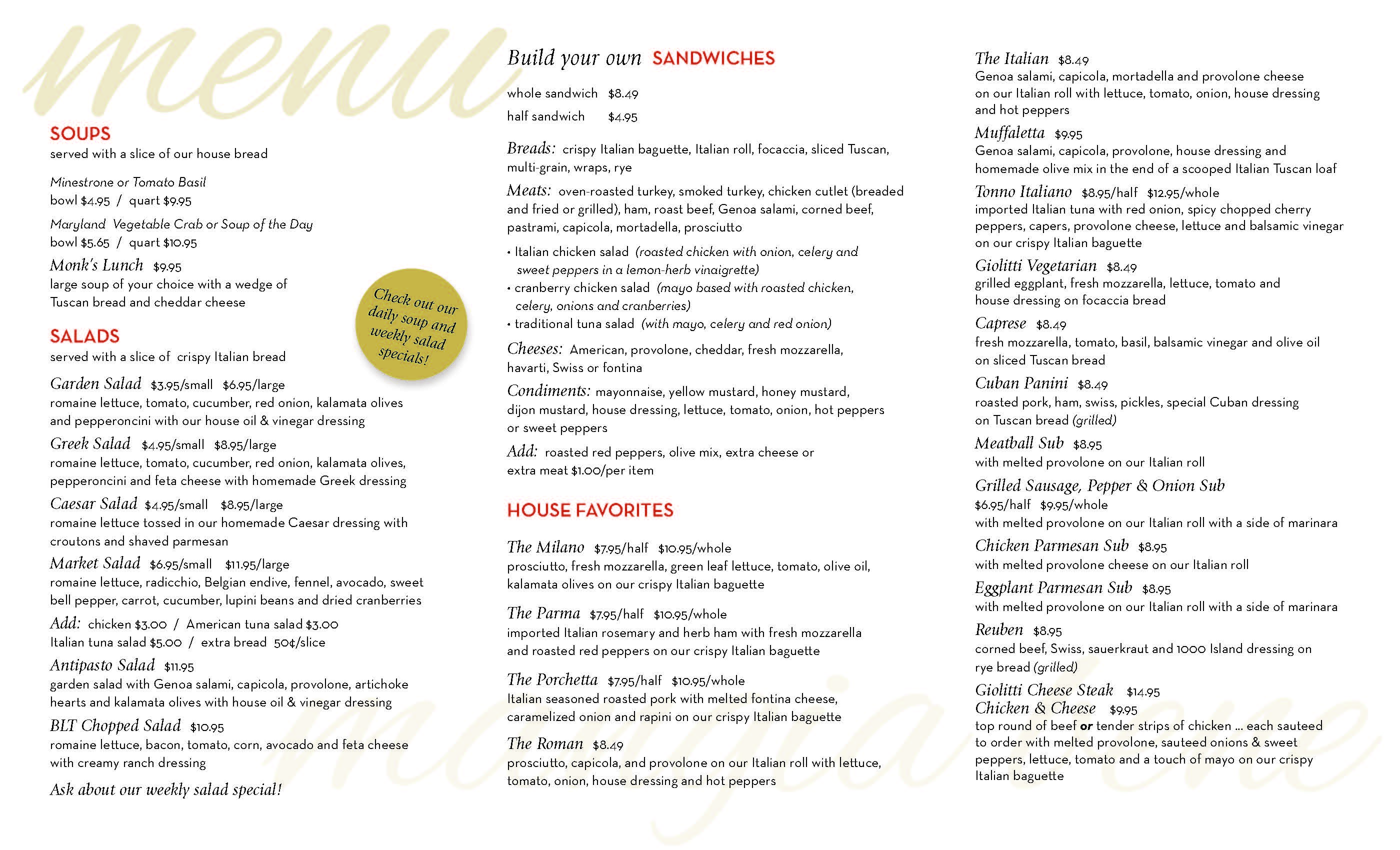 Take Out Menu | Giolitti Deli