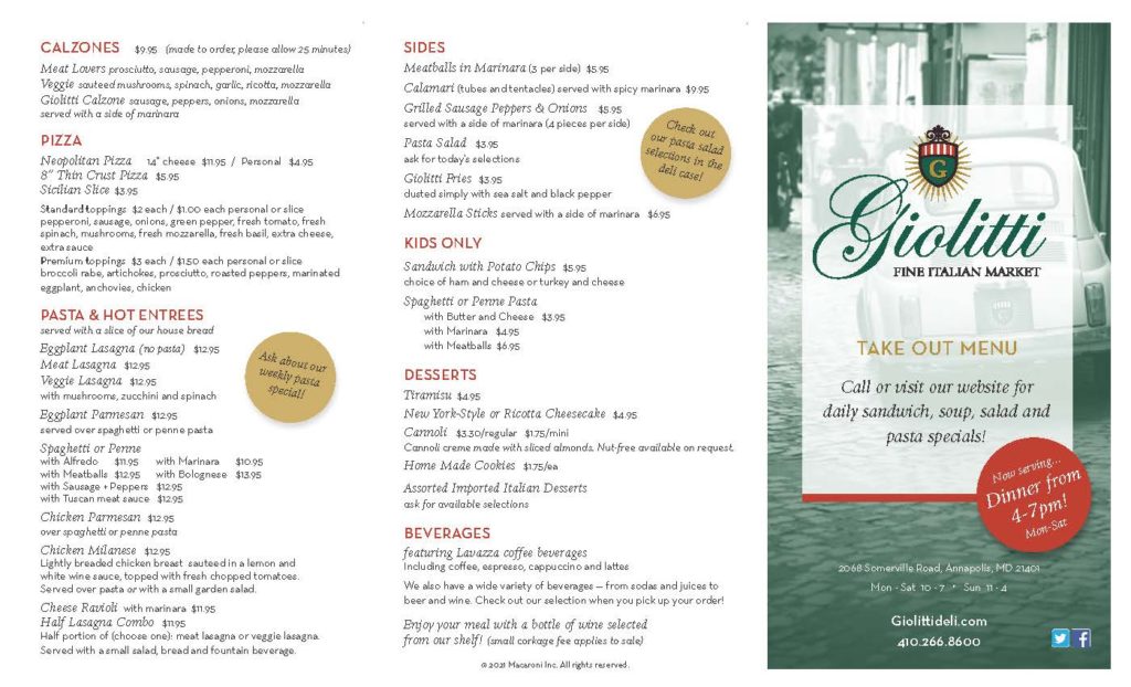 Take Out Menu | Giolitti Deli
