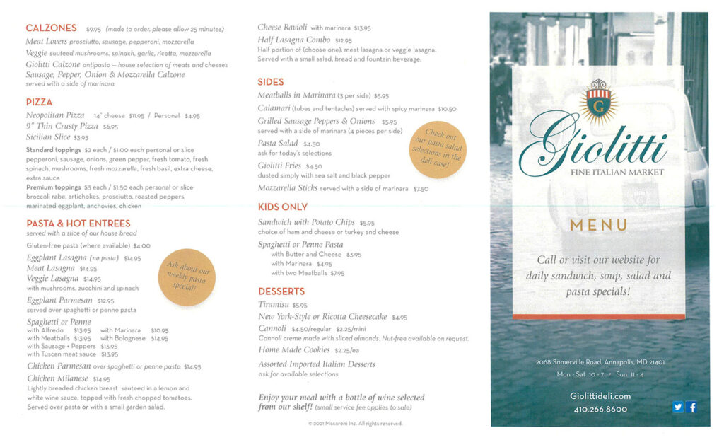 Take Out Menu | Giolitti Deli